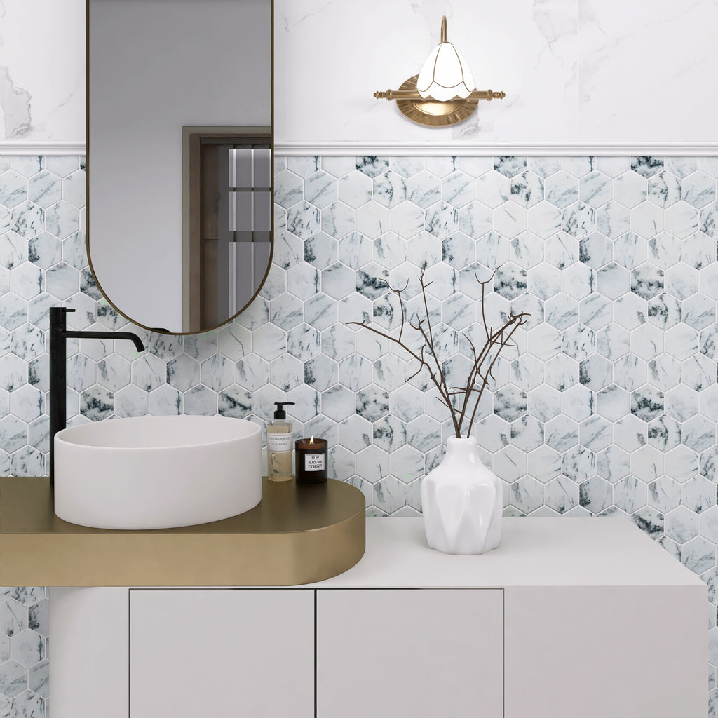 TNMSG-02 3" hexagon honeycomb white marble mosaic tile backsplash ...