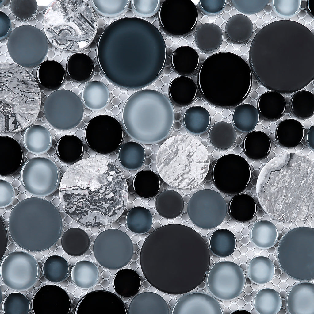 TBUBWG-03 Random Circle Glass Mix Stone Mosaic Tile in Black/Grey ...