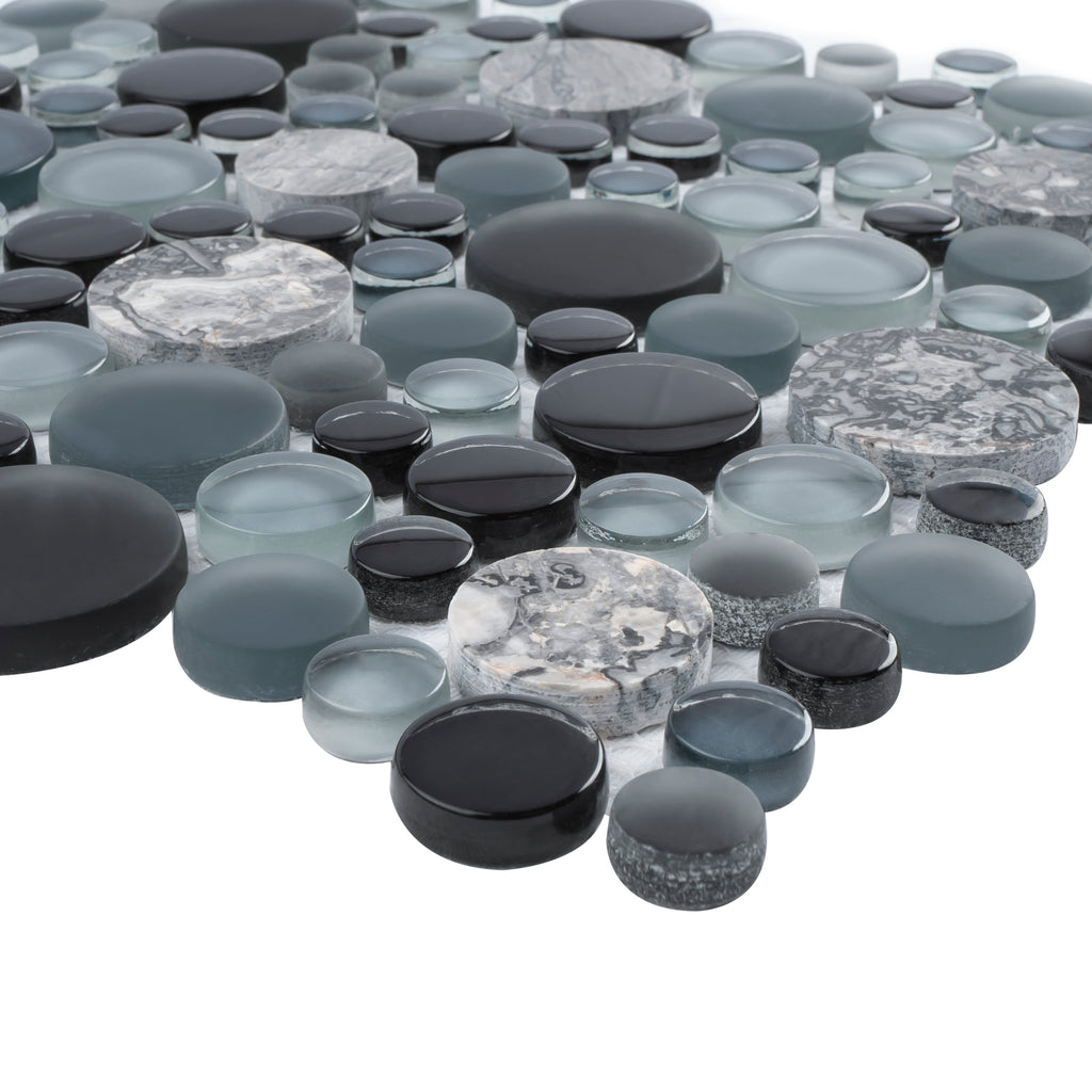 TBUBWG-03 Random Circle Glass Mix Stone Mosaic Tile in Black/Grey ...