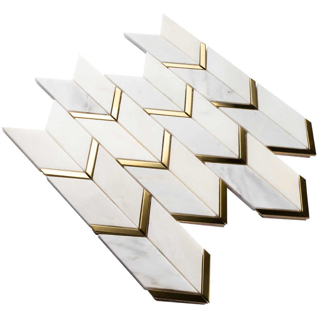 NBG-3 Chevron White and Gold Metal Stainless Steel Polished Marble Til ...