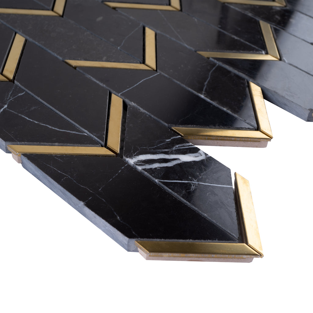 TNNGG-03 Triangle Arrow Chevron Black and Gold Polished Marble Mosaic ...